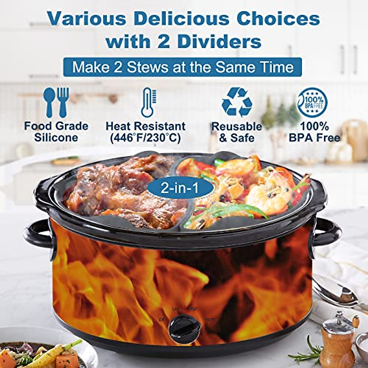 Dompion Silicone Slow Cooker Liners, Reusable 2 Divider Insert Fits for Crock-pot Oval 6 QT Slow Cooker, Dishwasher Safe, Easy Cleanup, Food-Grade BPA Free Cooking Liners for Most 6 QT Slow Cooker