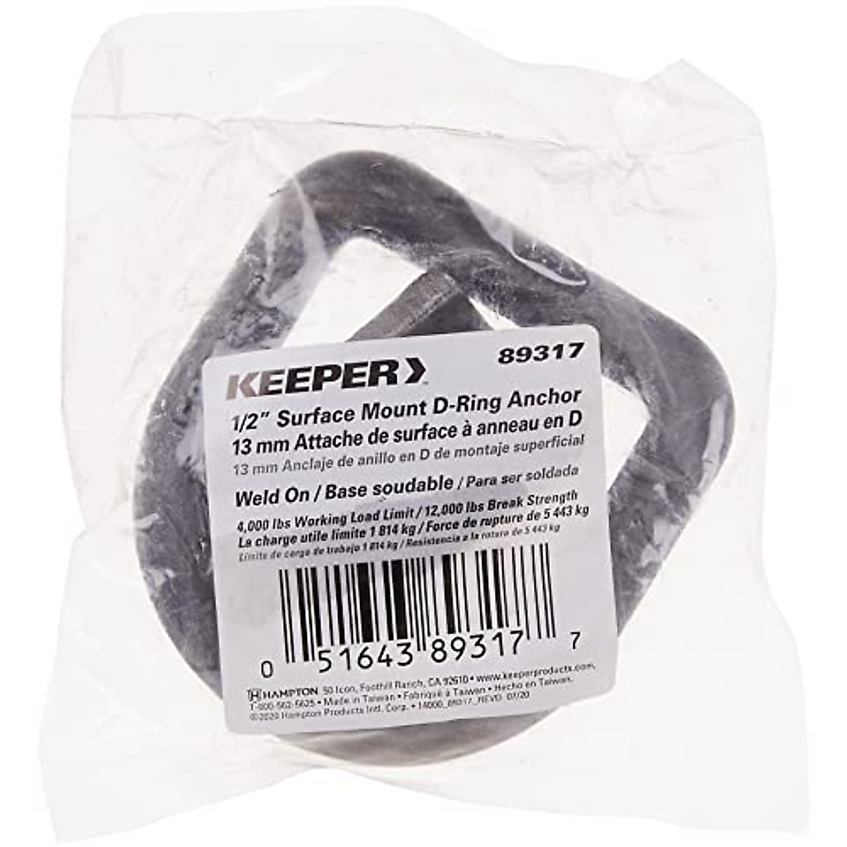 Keeper 89317 1/2" Weld-On Surface Mount D-Ring Anchor