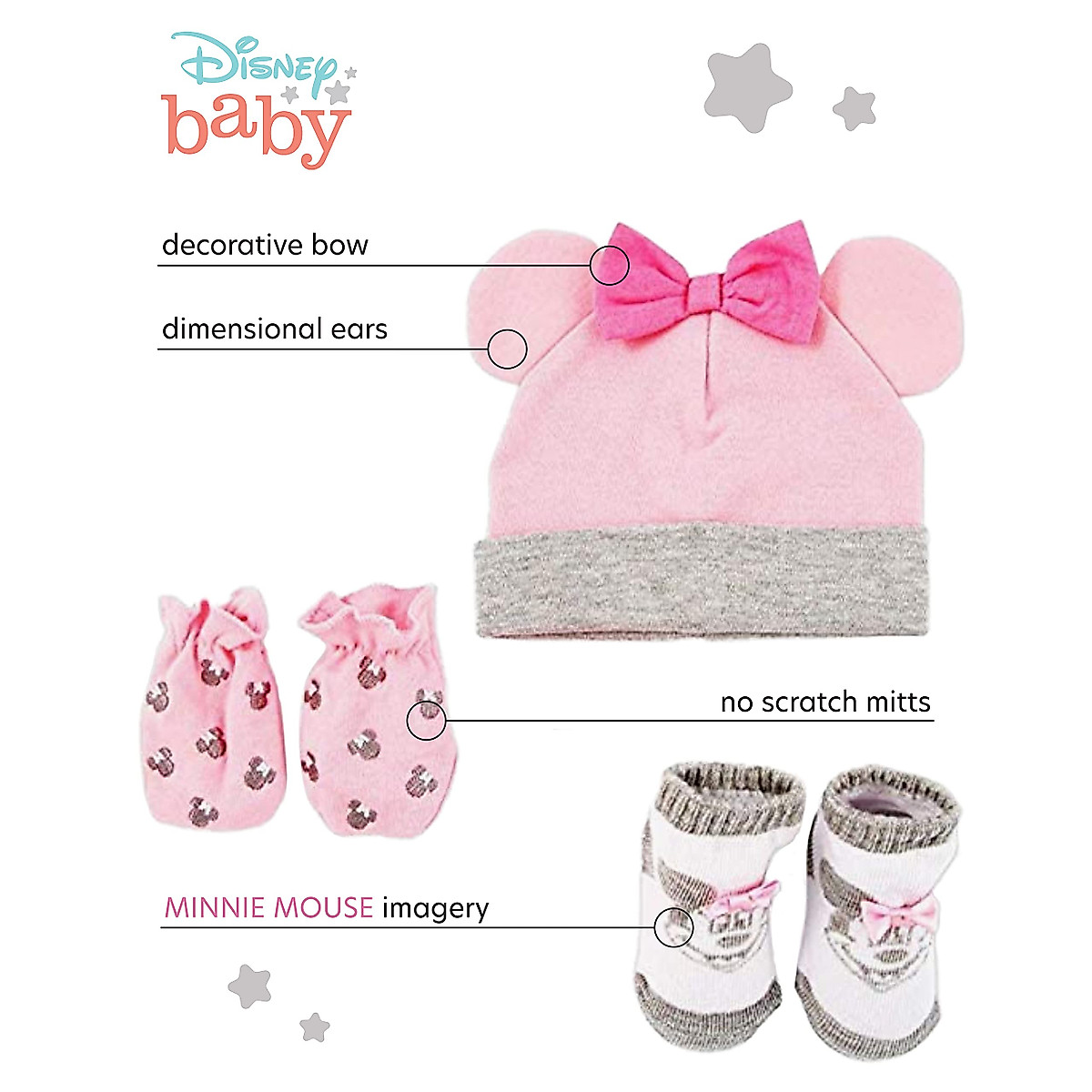 Disney Baby Girls' Minnie Mouse Take Me Home Layette Gift Set - 3 Piece Hat, Booties, and Mittens (Newborn), Size 0-3 Months, Minnie Pink Giftset