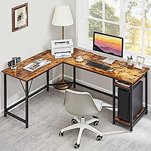 GreenForest L Shaped Computer Desk with Adjustable Storage Shelf, 59 inch Sturdy Corner Home Office Writing Table, Large Gaming Desk Workstation Space Saving,Easy Assembly,Brown