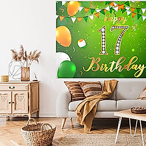 Happy 17th Birthday Backdrop Banner Decor Green - Glitter Cheers to 17 Years Old Birthday Party Theme Decorations for Boys Girls Supplies