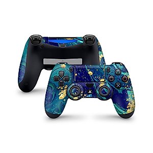 ZOOMHITSKINS Compatible with PS4 Controller Skin, Aqua Blue Gold Chips Marble Agate Texture, Durable, 3M Vinyl, Made in The USA