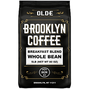 BROOKLYN COFFEE Whole Bean, Breakfast Blend Light Medium Roast (5lb) Delicate, Smooth, Low Acidity - Fresh Bulk Coffee Beans Roasted Weekly in NYC