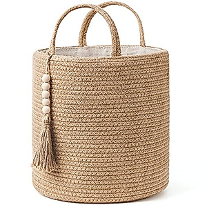 Mkono Woven Storage Basket Decorative Rope Basket Wooden Bead Decoration for Blankets,Toys,Clothes,Shoes,Plant Organizer Bin with Handles Living Room Home Decor, Jute, 11" W x 11"L
