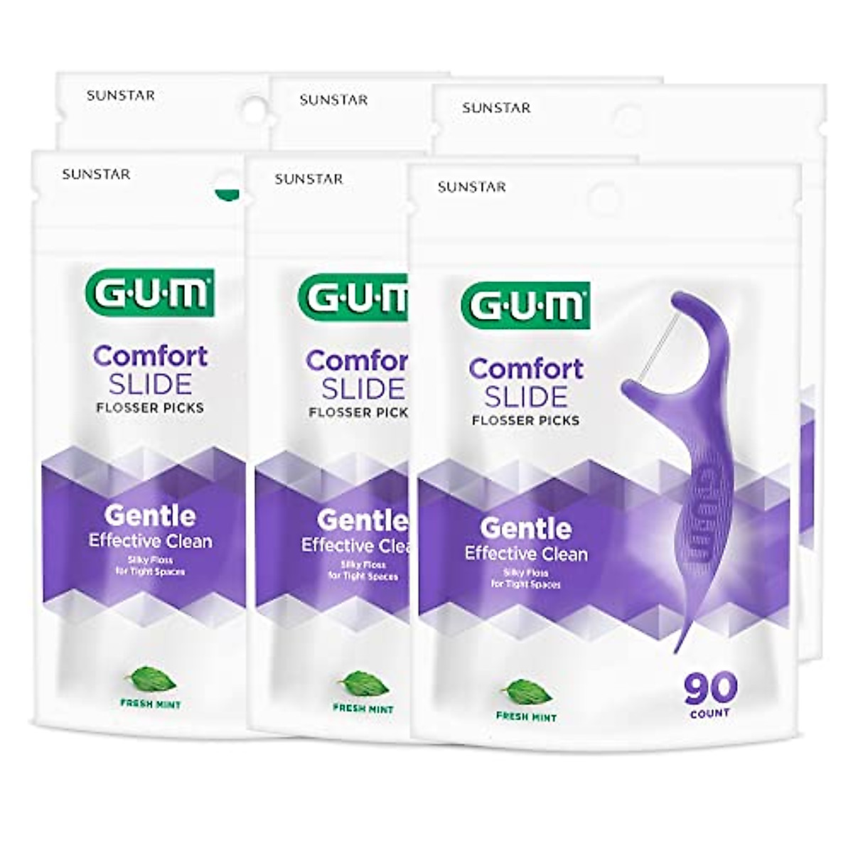GUM - 887DD Comfort Slide Flossers for Tight Spaces, Fresh Mint, Dental Floss Picks, 90 Count (Pack of 6)