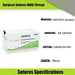 CynaMed Sutures Thread with Needle (12-Pack) - Training Sutures Pkg. of 12 (12, 4/0, 30mm Blade, 3/8 Reverse Cutting)