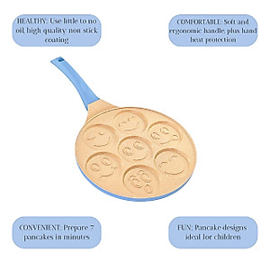Erreke Nonstick Pancake Pan, 7 Smiley Face Pancake Griddle, Soft Touch Handle Fun Breakfast for Kids, 10.2 in Crepe Pan for Gas Stoves (Blue Color)