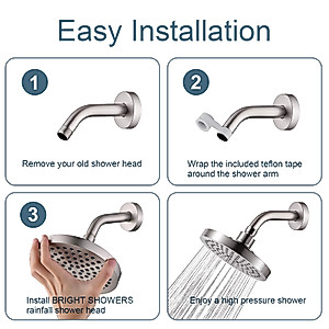 BRIGHT SHOWERS High Pressure Shower Head, 6 Inch Rain Shower Head, 2 Spray Settings Rainfall Shower Heads, Adjustable Angle Replacement Bathroom Showerhead, Easy Installation Brushed Nickel