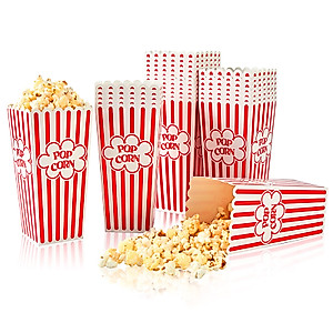 RAYMEA Popcorn Containers Disposable 46 Oz Red & White Striped 28 Pack Cardboard Popcorn Boxes for Movie Night