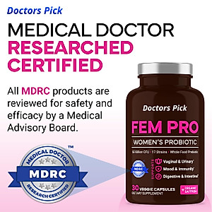Doctors Pick Fem Pro Probiotics for Women. 17 Clinically Effective Strains for Vaginal, Digestive & Immune Support, Urinary Tract Health, pH Balance and Mood. Organic Prebiotic, 30 Veggie Capsules