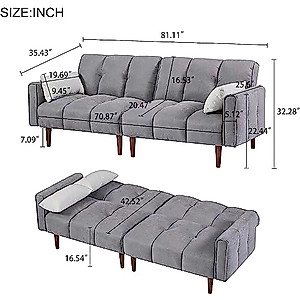 FULife Convertible Sleeper Futon Sofa Bed Loveseat Daybed,Adjustable Folding Lounge Recliner Sofá Chair 2-Seat Couches with Pillows&Wooden Legs for Living Room/Office/Compact Space, Gray 81.1" w