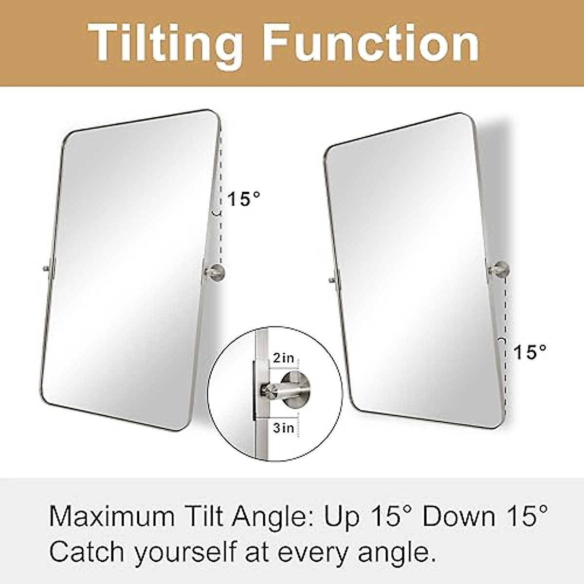 ANDY STAR 22"x34" Brushed Nickel Pivot Mirror for Bathroom, Silver Metal Frame Bathroom Mirrors for Wall，Rectangle Titling Vanity Wall Mirror with Rounded Corner Design Hangs Vertically Only