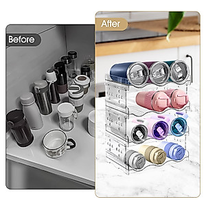 4 Tier Stackable Water Bottle Organizer Holder, Large Compartment Bottle Storage Rack for Stanley Tumbler, Clear Plastic Wine Rack/Drink Bottle Holder for Cabinet Organization and Storage