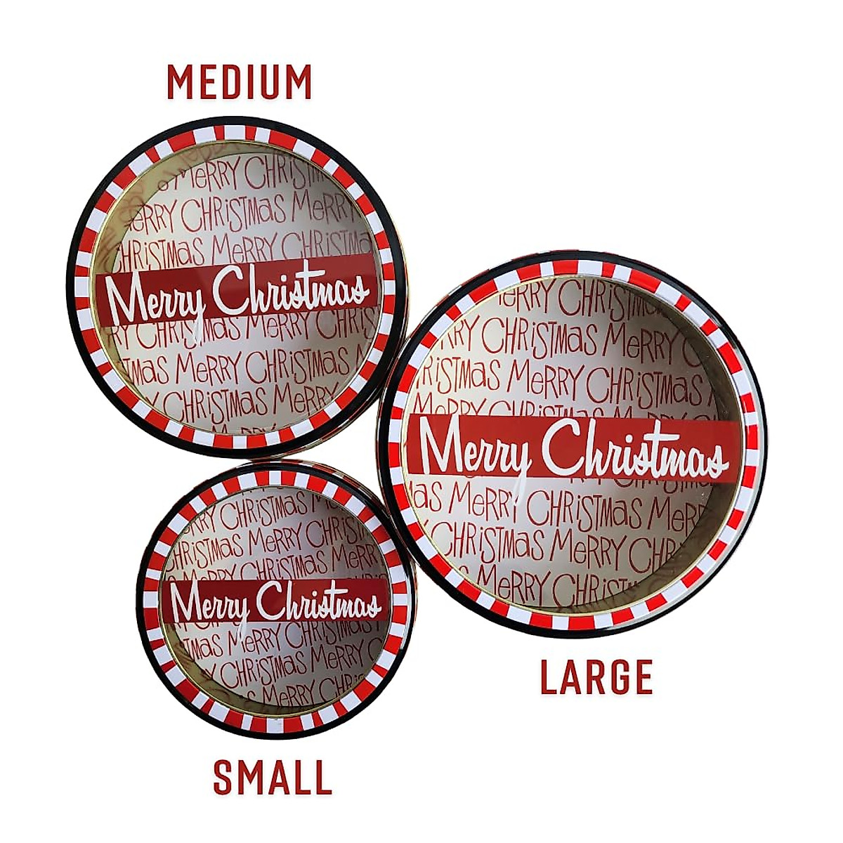 hadaaya Pack of 3 Round Nesting Tins with Clear Lids, Festive Holiday Cookie Tins for Treats & Gifts, Multipurpose Storage Container for Cookies, Snacks & More - Featuring Merry Christmas Text On Lid