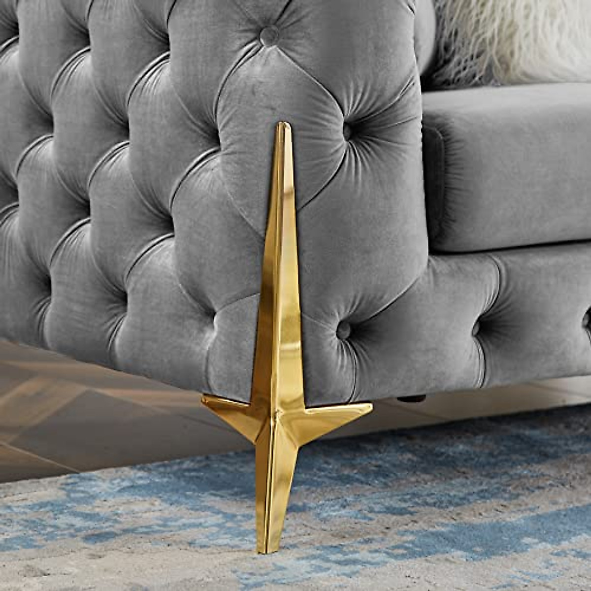 Melpomene Contemporary Velvet Upholstered Sofa Couch with Deep Button Tufting and Custom Gold Chrome Legs,Grey