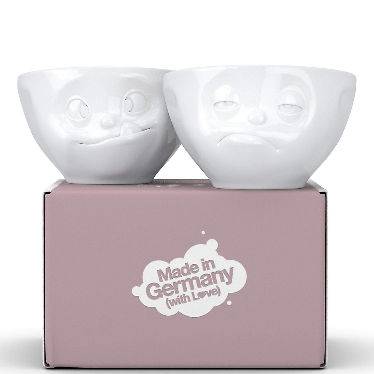 FIFTYEIGHT PRODUCTS TASSEN Medium Porcelain Bowl Set No. 3, Tasty & Snoozy Face, 6.5 oz. White (Set of 2 Bowls)
