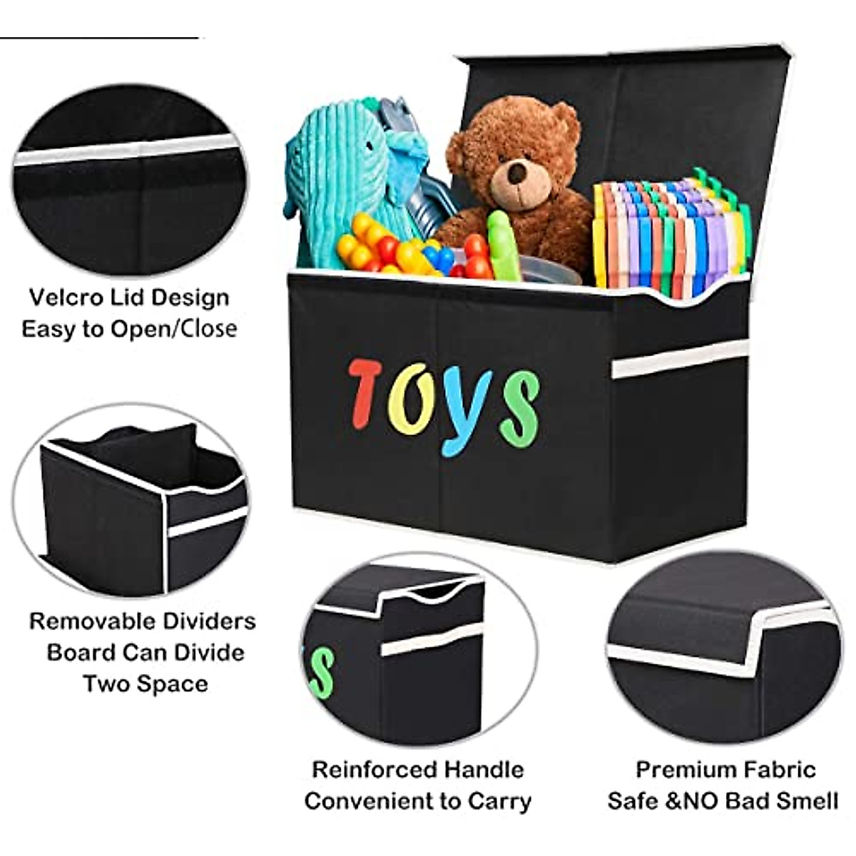 VICTOR'S Large Toy Box Chest with Lid, Collapsible Sturdy Toy Storage Organizer Boxes Bins Baskets for Kids, Boys, Girls, Nursery, Playroom, 26.8"x13.8" x16" (Black)