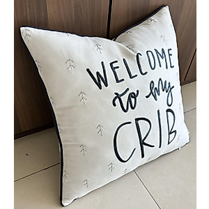 VAGMINE Welcome to My Crib Quote Embroidered Decorative Square Accent Throw Pillowcase - Nursery Decor, Boys Room Decor - 18x18 Inches, Ivory