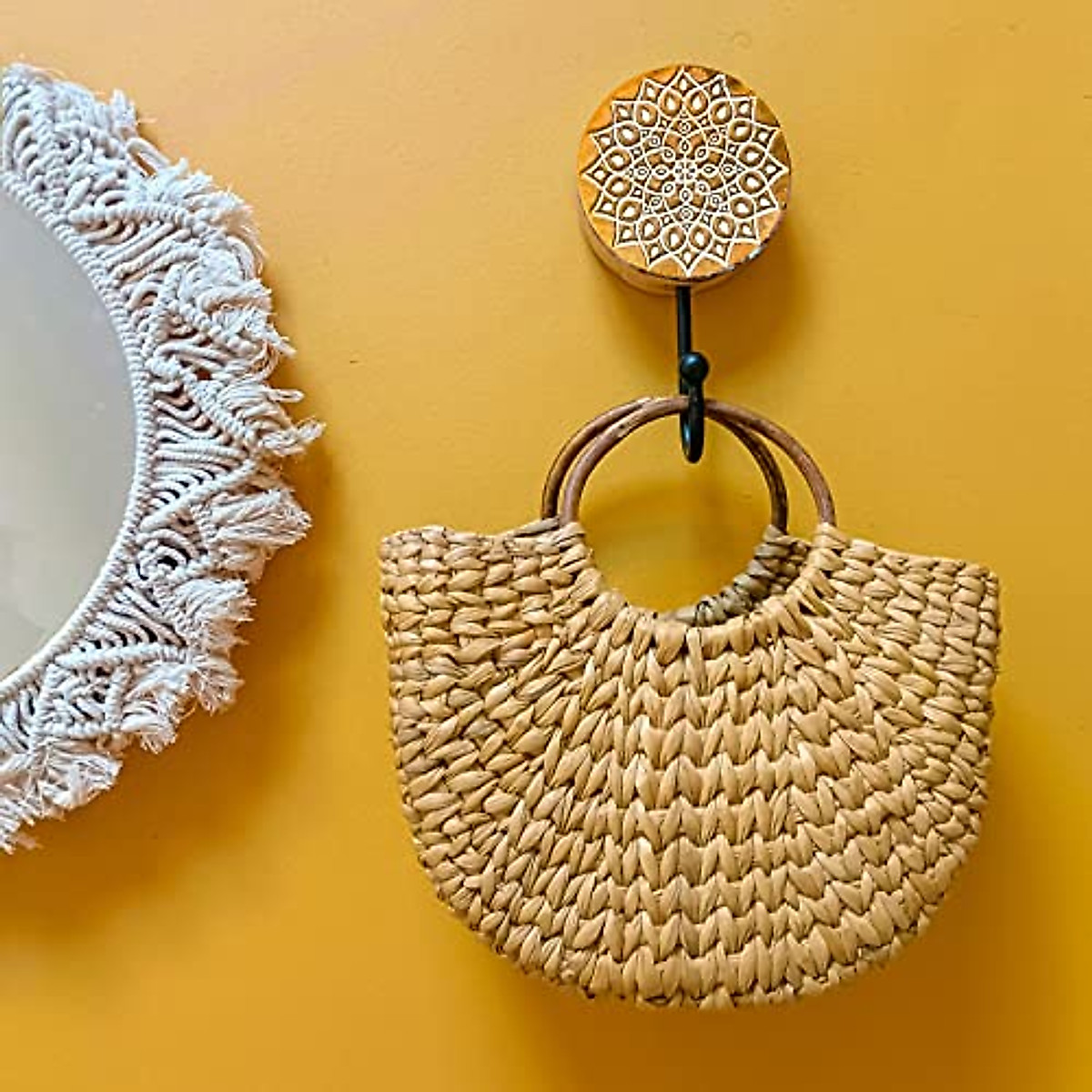 Mandala Life ART Boho Chic Decorative Wall Hook - Pack of 3 - Natural Raw Mango Wood - Hand Curved Wooden Stamp with Metal Hook for Coats,Towels, Keys,Clothes - Jewelry Hanger