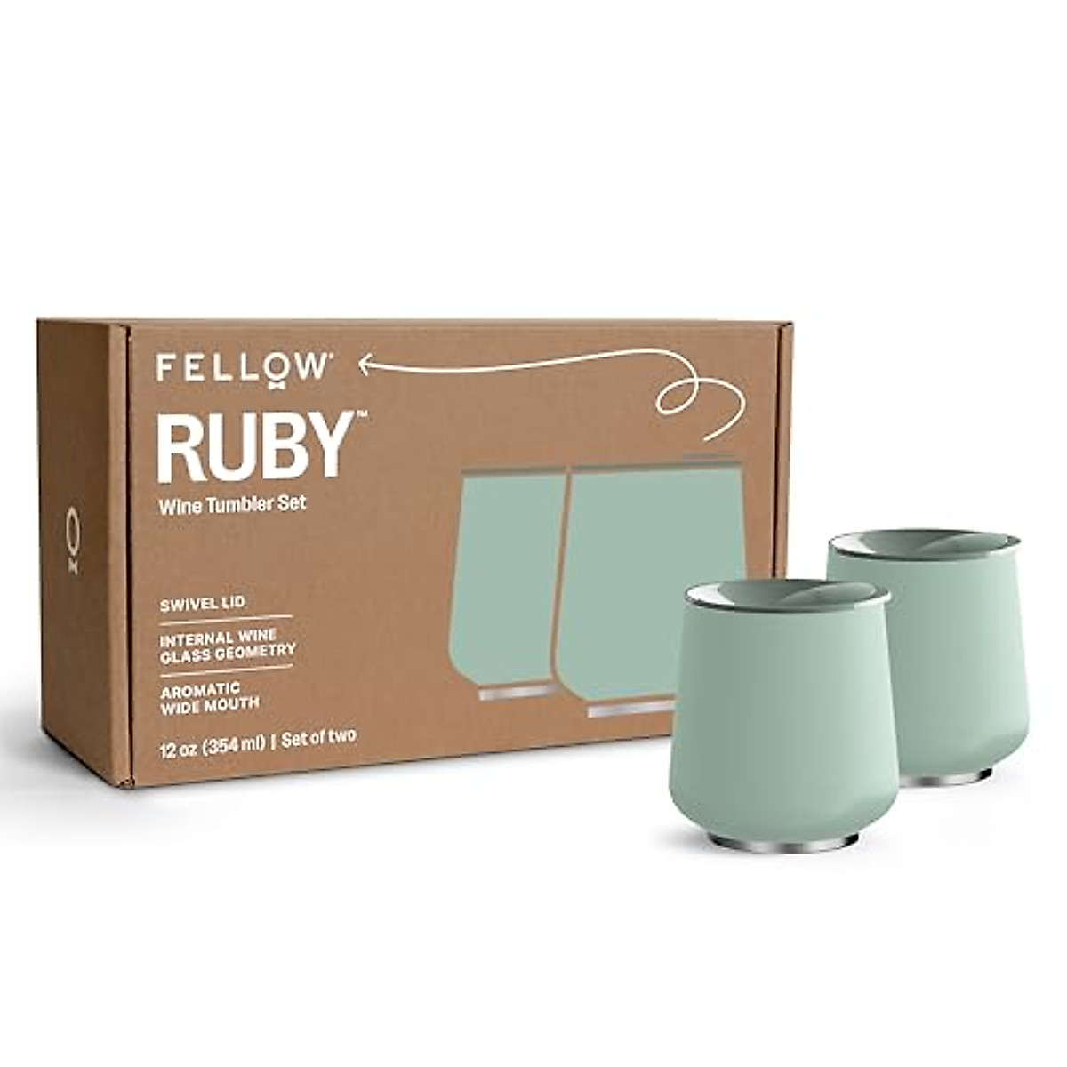 Fellow Ruby Wine Tumbler Set of 2 - ​​Insulated Stainless Steel Wine and Cocktail Tumblers with Ceramic Interior and Swivel Pebble Lid - 12 oz, Mint Chip