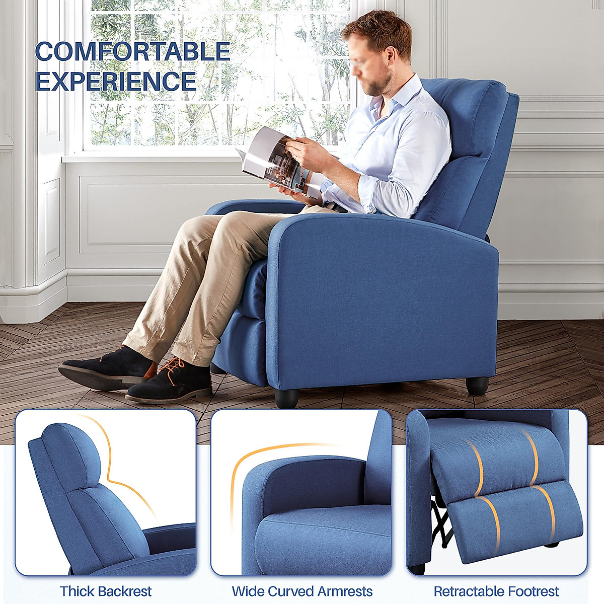 Yaheetech Home Theater Seating Fabric Recliner Chair Modern Single Living Room Reclining Sofa with Pocket Spring Light Blue