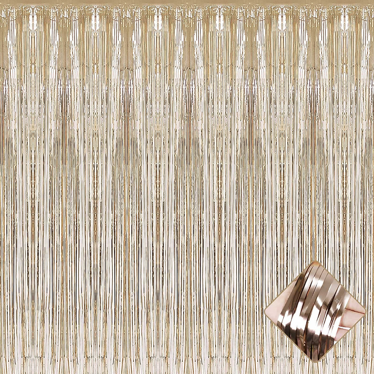 4 Pack 3.2Ft x 8.2Ft Champagne Gold Foil Fringe Curtain Backdrop, Metallic Tinsel Foil Fringe Streamers Curtains Background for Photo Booth, Birthday, Wedding, Halloween, Christmas Party Decoration