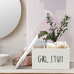 Farmhouse Bathroom Organizer Tampon Storage Container for Bathroom Decorative Countertop Organizer Storage Box Wood Movable Partition Feminine Product Organizer with Lid for Cosmetics (Blank Style)