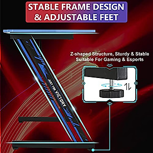 Yewuli 39.4'' Gaming Desk Computer Desk Gaming Table Z Shaped Gaming Workstation Pc Gamer Desk Small Computer Desk Adjustable Height with Headphone Hook, Blue