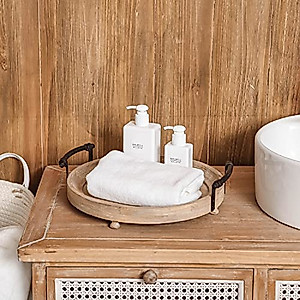 NIKKY HOME Farmhouse Round Wood Decorative Tray, Distressed Candle Tray with Metal Handles, Centerpiece Decor for Coffee Bar, Kitchen Counter, Dining Room Table - Natural Wood