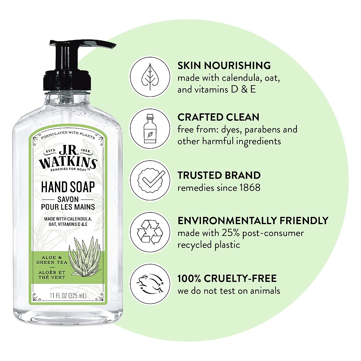 J.R. Watkins Liquid Hand Soap With Dispenser, Moisturizing Hand Soap, Alcohol-Free Hand Wash, Cruelty-Free, Liquid Soap For Bathroom or Kitchen, Aloe & Green Tea, 11 Fl Oz, 3 Pack