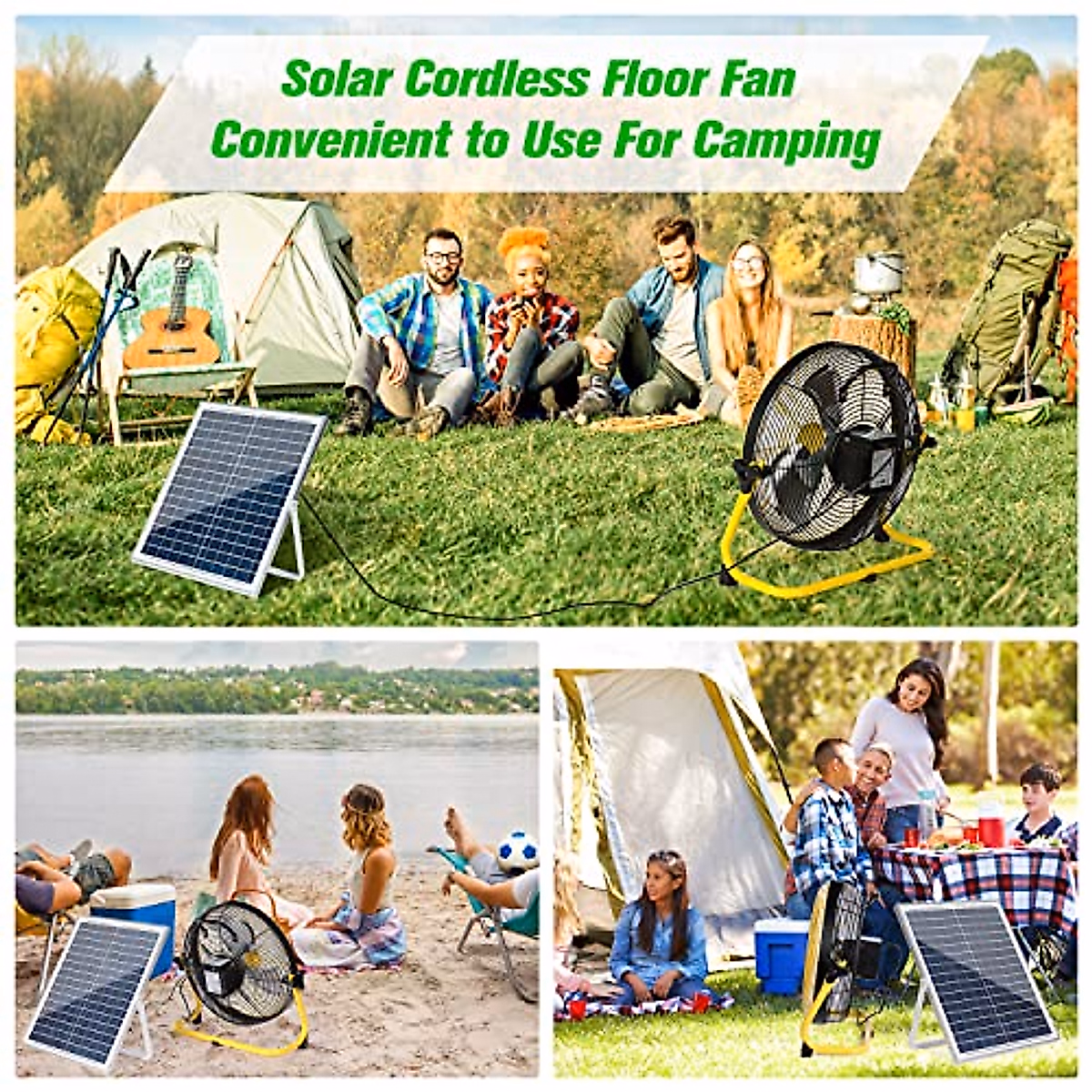 blessny 14 Inch Rechargeable Floor Fan Solar Powered, 15000mAh battery Portable Cordless Floor Fan with 12 Speeds Metal Blades for Outdoor, Camping, BBQ, Fishing