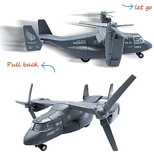 Diecast Metal Military Transport Helicopter V-22 Osprey - 1:400 Scale Alloy Model Plane Transporter Aircraft with Pullback Action, Lights and Sound