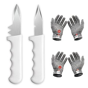ADORAMBLING 2PCS Oyster Shucking Knife + 4PCS A5 Cut-Resistant Gloves(2M+2L),8" Oyster Knife With Extended Ergonomic Handle,Stainless Steel Oyster Shucker Tool Oyster Opener Tool Oyster Shucking Kit