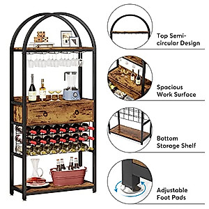 Tribesigns Wine Rack Cabinet Tall Freestanding Floor Liquor Cabinet with Glasses Holder and 1 Drawer, Industrial 21-Bottle Metal and Wood Wine Rack Table for Home Bar, Kitchen, Dining, Rustic Brown