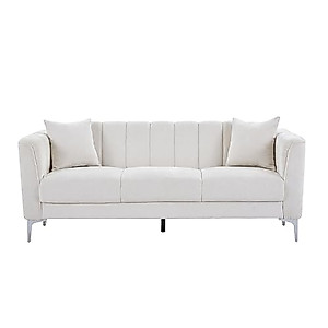 HOSTACK Modern Chenille Sofa, 77" Upholstered Couch with 2 Bolster Pillows and Armrest Bags, 3-Seat Sofa for Living Room, Bedroom, Office, Apartment, Dorm, Off White