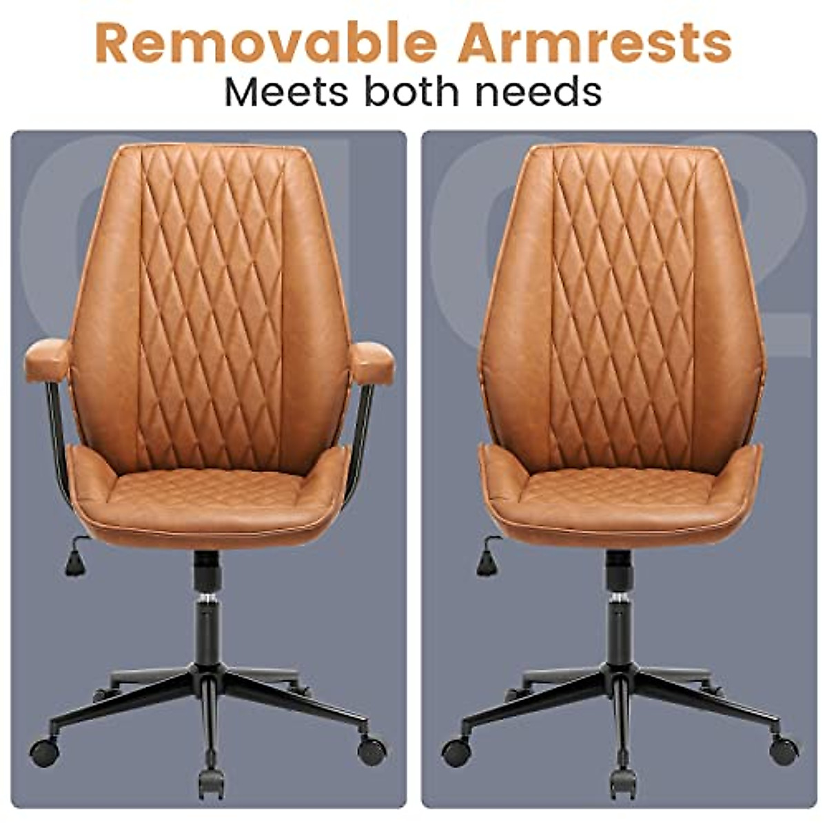 Brown Office Chair Leather Desk Chair with Removable Armrest, Modern Home Office Chair Mid Century, Mid Back Computer Chair with Wheels, Capacity 400lbs