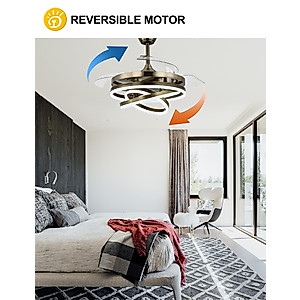 Dawn Whisper 42 Inch Retractable Ceiling Fan, Modern Ceiling Fans with Lights and Remote, Silent DC Motor, 6 Speed,Color Changing, Bronze Retractable Ceiling Fan with Lights for Kitchen