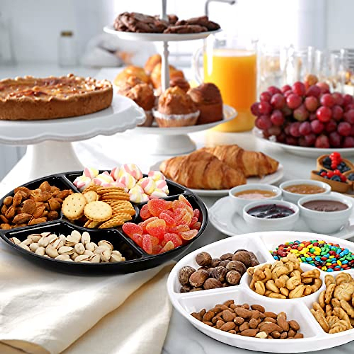 Okllen 12 Pack 5 Sectional Round Plastic Serving Tray, 12" Divided Candy Nut Serving Plate, Veggie Fruit Dish Platter Appetizer Tray for Dried Fruit, Snack, Desserts, Black & White