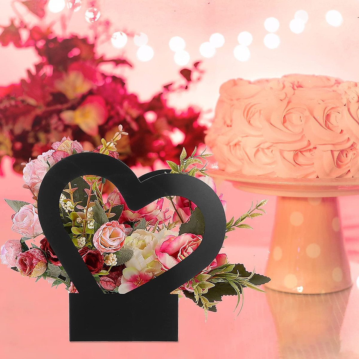 NUOBESTY Bouquet Flower Boxes 2Pcs Flower Box Heart Shaped Flower Bouquet Gift Packaging Boxes with Handle Flower Arrangement Basket Craft Paper Gift Bags Black Handheld Floral Basket