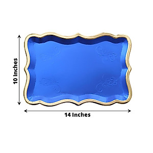 Efavormart 10 Pack | Elegant Royal Blue/Gold Rim Disposable Serving Trays, Heavy Duty 400 GSM Paper Rectangular Party Platters - 14"X10"