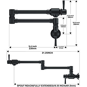 CWM Matte Black Pot Filler Faucet,Pot Filler Black Folding Faucet,Commercial Wall Mount Stainless Steel Material Stretchable Double Joint Swing Arm with Single Hole Two Handles.