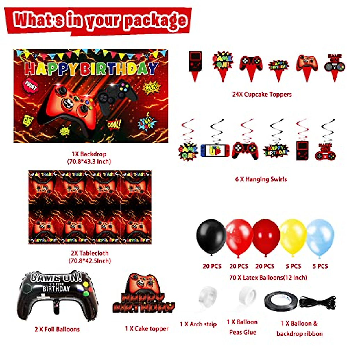 Video Game Birthday Party Decorations - 109Pcs Red and Black Gamer Gaming Party Supplies For Boys Birthday Party - Happy Birthday Gaming Backdrop, Table Cover, Hanging Swirls, Cupcake Topper, Cake Topper, Multi-Color Balloons and Foil Gamer Balloon