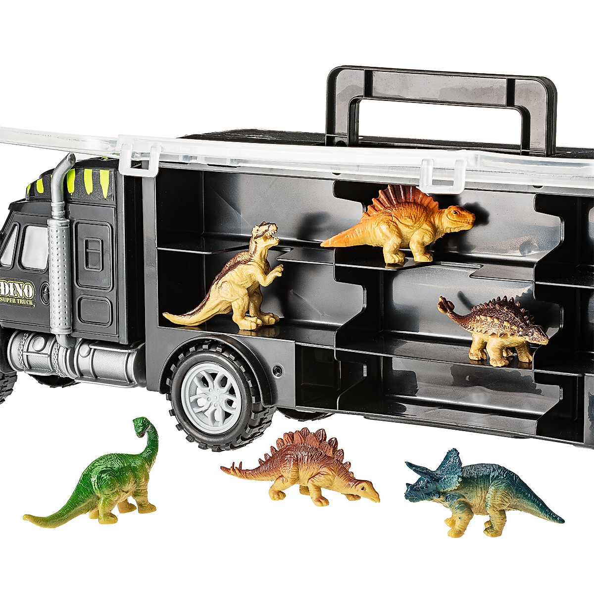 PREXTEX 16" Dinosaur Truck Carrier Playset with 6 Mini Plastic Dinosaurs, Dinosaur Toy Trucks for Toddler Boys 3 to 5 Years Old