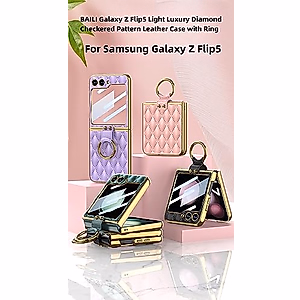 BAILI Galaxy Z Flip5 Leather Case,Galaxy Z Flip 5 Case with Ring and Built-in Small Screen Protective Film,Light Luxury Diamond Checkered Pattern Samsung Galaxy Z Flip5 Leather Case-Red