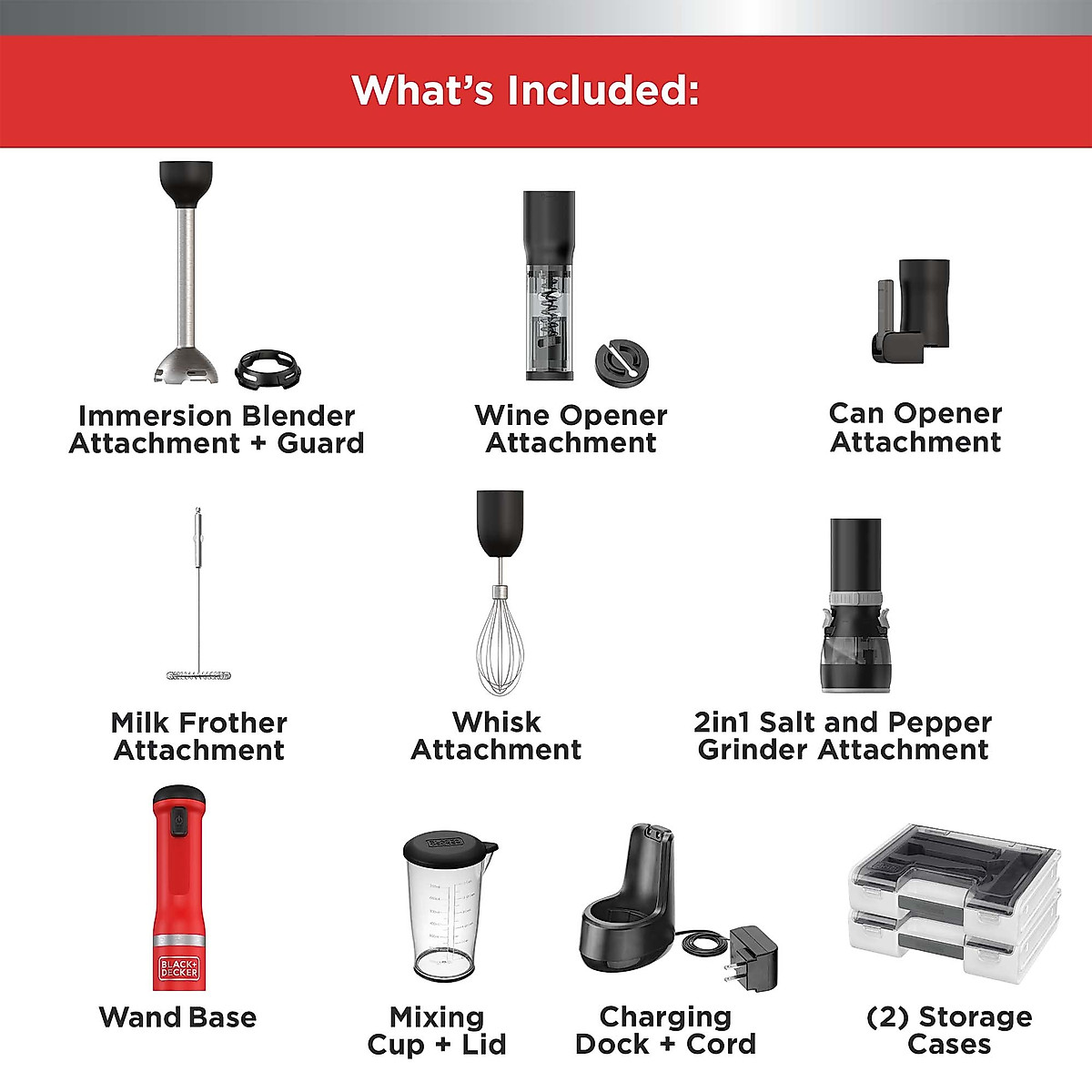 BLACK+DECKER Kitchen Wand Cordless Immersion Blender, 6 in 1 Multi Tool Set, Hand Blender with Charging Dock, Red (BCKM1016KS06)