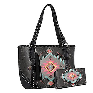 Montana West Aztec Collection Concealed Carry Tote Bag Western Purse for Women MW1032G-8317BK+W
