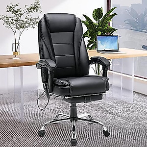 HOMREST Executive Office Chair, Massage Heated Desk Chair with Ergonomic High Back PU Leather Computer Chair with Footrest Lumbar Support for College Dorm (Black)