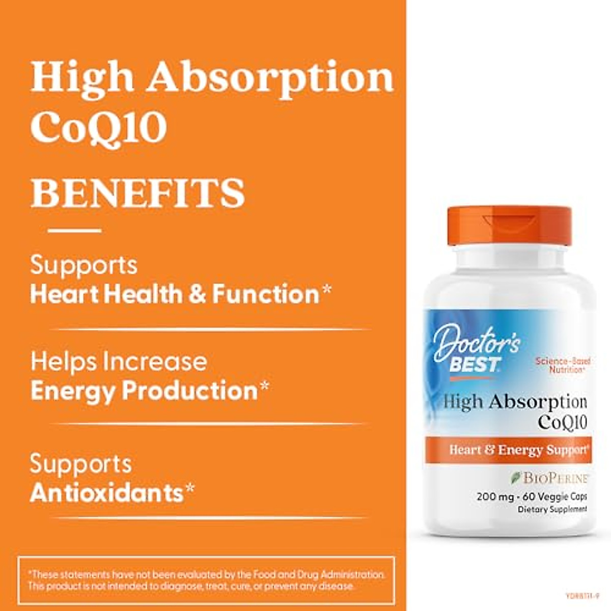 Doctors Best High Absorption CoQ10, Heart & Energy Support*, USP Verified, Naturally Fermented CoQ10, Non-GMO, Gluten Free, Soy Free, Vegan 60 Veggie Caps