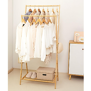 Cozivolife Bamboo Clothes Rack with Storage Shelf, Portable Garment Rack Clothing Racks for Hanging Clothes, Foldable Wardrobe Storage Rack for Entryway and Bed Room (Natural)