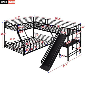 n/a L-Shaped Twin Over Full Bunk Bed with Twin Size Loft Bed,Built-in Desk and Slide,Black